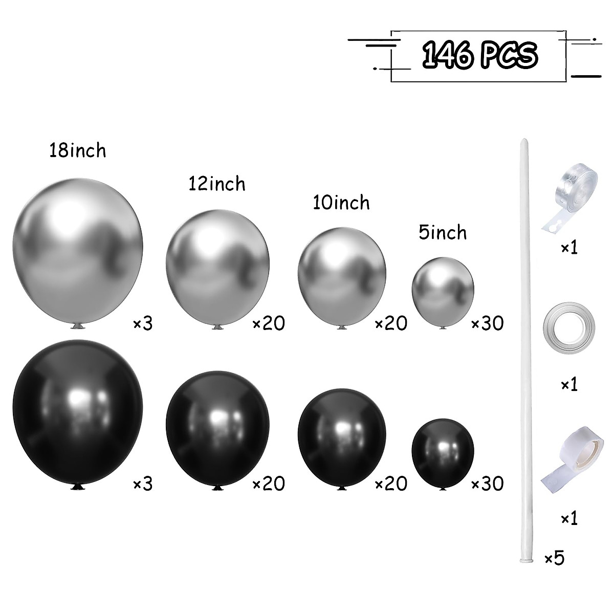 MEBAY Black Silver Balloons Garland Arch Kit, 146Pcs Latex Balloons Different Sizes 18 12 10 5 Inch for Party Decorations, Wedding Backdrop, Birthday, Graduation