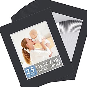 Somime 25 Pack Black Picture Mats - 11x14 Pre-Cut Mats for 8x10 Photos - White Core Bevel Cut Frame Matte, Acid Free, Ideal for Frames, Artwork and Prints