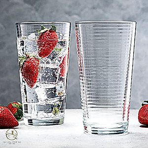 Le'raze Set of 16 Heavy Base Ribbed Durable Drinking Glasses Includes 8 Cooler Glasses (17oz) and 8 Rocks Glasses (13oz) - Clear Glass Cups - Elegant Glassware Set. Cordial Glasses