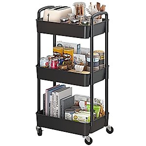 Sywhitta 3-Tier Plastic Rolling Utility Cart with Handle, Multi-Functional Storage Trolley for Office, Living Room, Kitchen, Movable Storage Organizer with Wheels, Black