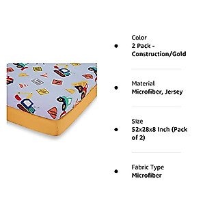 Everyday Kids 2 Pack Fitted Boys Crib Sheet, 100% Soft Breathable Microfiber Baby Sheet, Fits Standard Size Crib Mattress 28in x 52in, Nursery Sheet - Construction/Gold