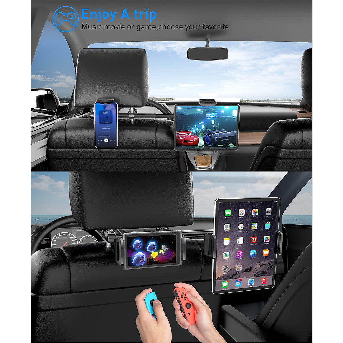 Car Headrest Tablet Mount Holder: Double Cradles Backseat Stand with Extension Arm for Kids Compatible Phone | iPad Pro Air Mini | Galaxy Tabs | Kindle Fire HD | Switch Lite & Other 4.7-12.9" Device
