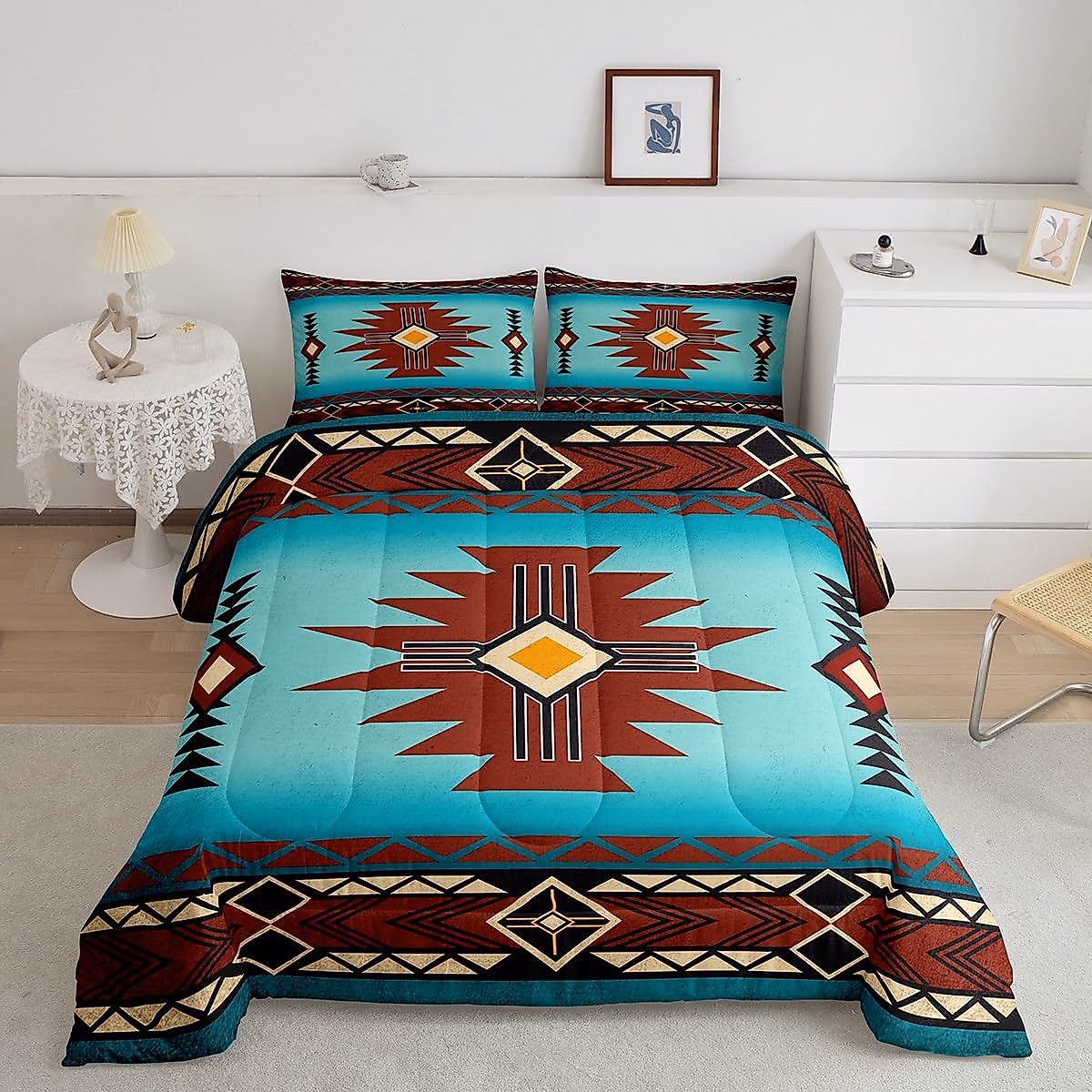 Southwest Comforter Set Queen Size,Geometric Aztec Tribal Striped Print Quilt Set Rustic Western Bedding Set for Kids Girls Woman Men Room Decor,Adult Retro Turquoise Red Duvet Insert 3Pcs