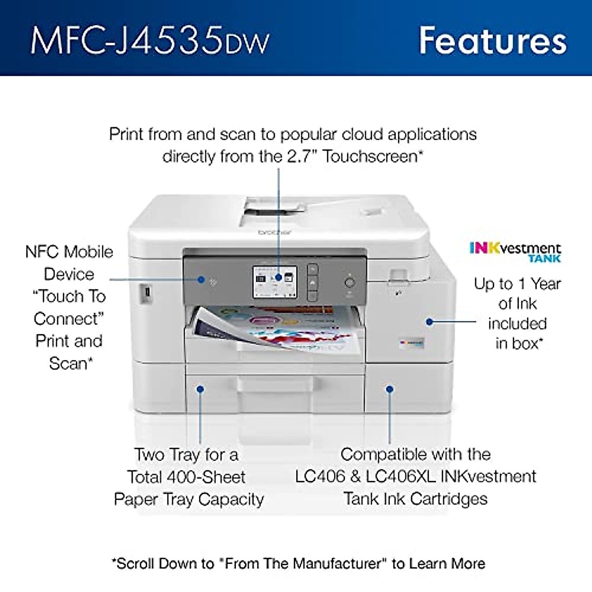 Brother MFC Series INKvestment Tank All-in-One Color Inkjet Printer with NFC, Print Scan Copy Fax, Auto 2-Sided Printing, 4800 x 1200 dpi, Built-in Wireless, White, Bundle with Cefesfy Printer Cable