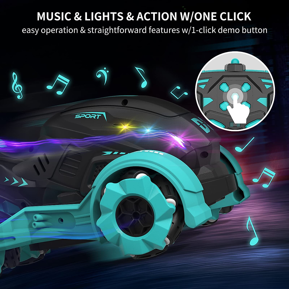 AONGAN Remote Control Car - 2.4 GHz RC Stunt Car 4WD w/Mecanum Wheels, All-Terrain Tires & All Directions, Lights Music & Spray Function Gifts Toys for Boys Girls 5 6 7 8 9 Years Old (Blue)