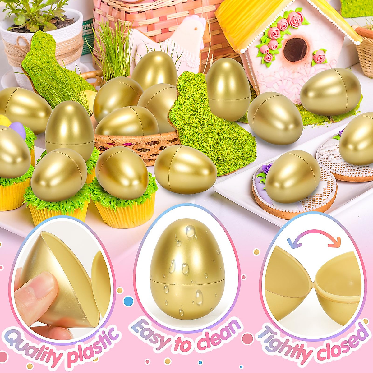 SevenQ Easter Eggs Empty 100Pcs, Fillable Plastic Golden Eggs for Easter Basket Stuffers Fidget Toy Easter Gifts for Kids Party Favors Pinata Treasure Box Candy Goodie Bags Fillers Egg Hunt Essentials