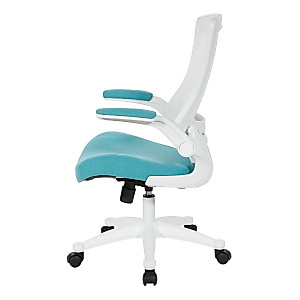 Office Star Ventilated White Screen Back Manager's Office Chair with Padded Color Flip Arms with White Nylon Base, Linen Turquoise Fabric