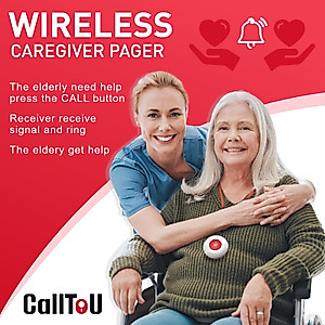 CallToU Wireless Caregiver Pager Smart Call System 4 SOS Call Buttons/Transmitters 2 Receivers Nurse Calling Alert Patient Help System for Home/Personal Attention Pager 500+Feet Plugin Receiver