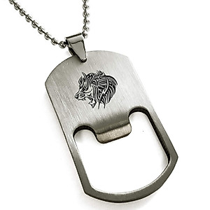 Stainless Steel Tribal Lion Bottle Opener Dog Tag Pendant Necklace
