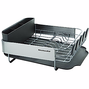 KitchenAid Compact, Space Saving Rust Resistant Dish Rack, with Angled Self Draining Drain Board and Removable Flatware Caddy, 16.06-Inch, Gray