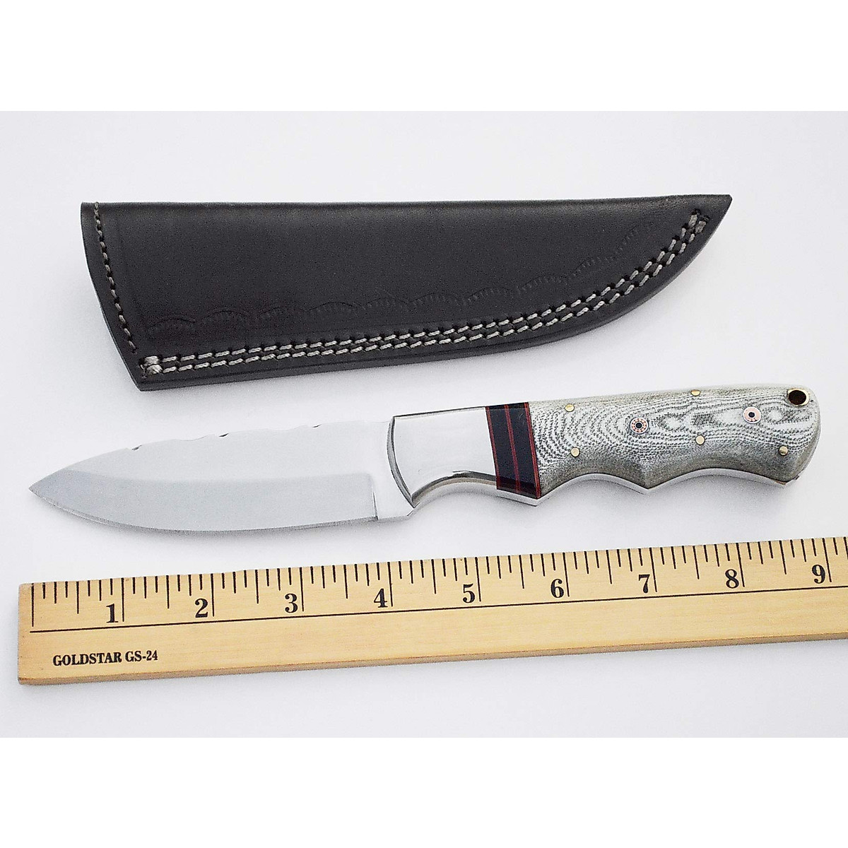 Whole Earth Supply Drop Point D2 Hunting Knife with White & Gray German Micarta Skinning Custom Knives with Leather Sheath