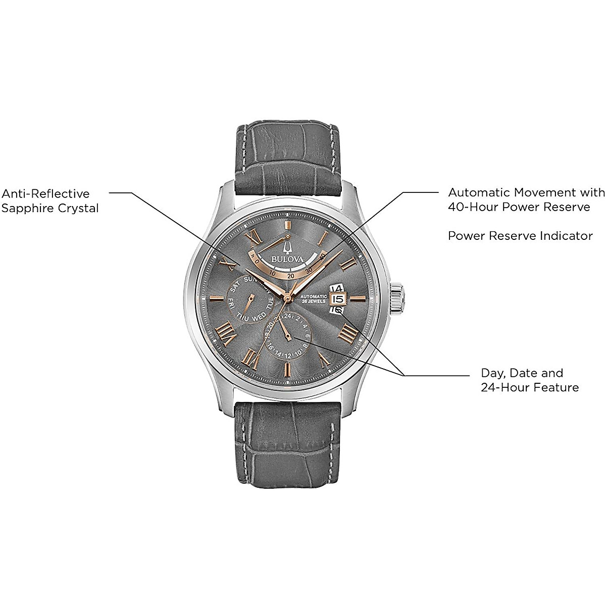 Bulova Men's Classic Wilton 26-Jewel Automatic Leather Strap Watch, 40 Hour Power Reserve, Domed Sapphire Crystal, Exhibition Case Back, Luminous Hands, 43mm