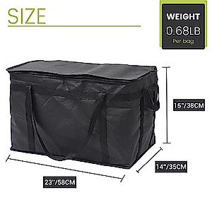 QIMEOKAT 2pcs Extra large XXXL Insulated Food Delivery Bags, Large Capacity Reusable Grocery Shopping Bags,Pizza Hot and Cold Thermal Bags 23x15x14inch,Foldable,Sturdy Zipper (Black)