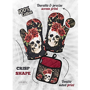 Oven Mitts Co. Vintage Flower Skull, Oven Mitts and Pot Holder 3pcs Set, Insulated, 100% Cotton
