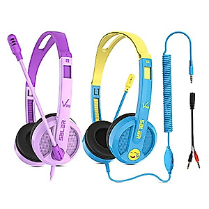 QearFun 2 Pack Kids Headphones with Microphone for School, Wired Headphones for Kids with Rotatable & Extendable Mic, Boys & Girls Online Learning Headsets for Tablet/PC/Classroom/Travel (PurpleBlue)