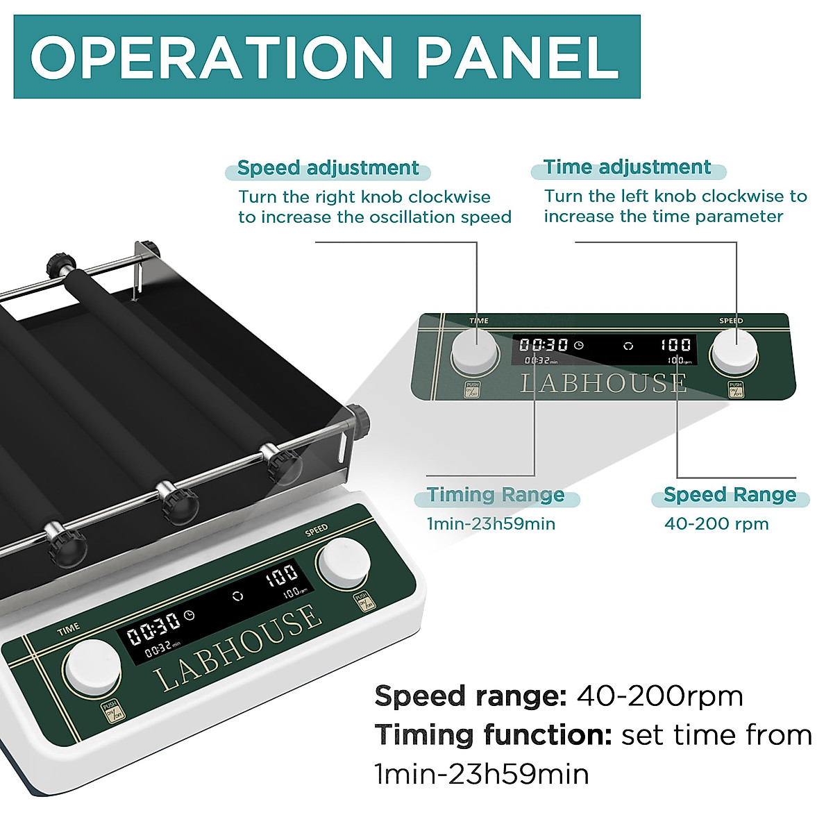 LABHOUSE Lab Digital Orbital Shaker Mixer | 9.85"x9.85" Plate Size Adjustable Speed 40-200RPM Capacity 2KGS | Timed and Continuous Modes Rotator Shaker for Laboratory