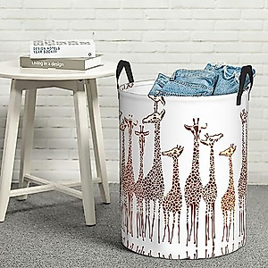 Cute Wild Cartoon Giraffes Printed Round Laundry Hamper,Collapsible Clothes Hamper Storage With Handle,Canvas Fabric Waterproof Storage Bin