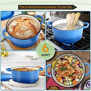 HaSteeL 6 Quart Cast Iron Dutch Oven, Pre-seasoned Enamel Cooking Stock Pot with Lid, Non-stick Round Cookware for Sourdough Bread Baking Roasting Stewing Braising Frying, Heavy Duty & Oven Safe(Blue)