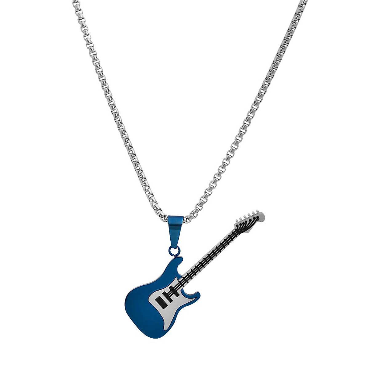 Magna Steel Men's Stainless Steel Rock Electric Guitar Bass Pendant Necklace with 24" 3mm Rolo Chain (Blue)