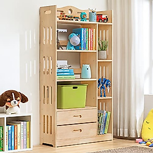 MoNiBloom 4 Tier Bookcase with Open Shelves and 2 Drawers, Large Modern Wood Heavy Duty Storage Display Stand Rack for Living Room, Natural