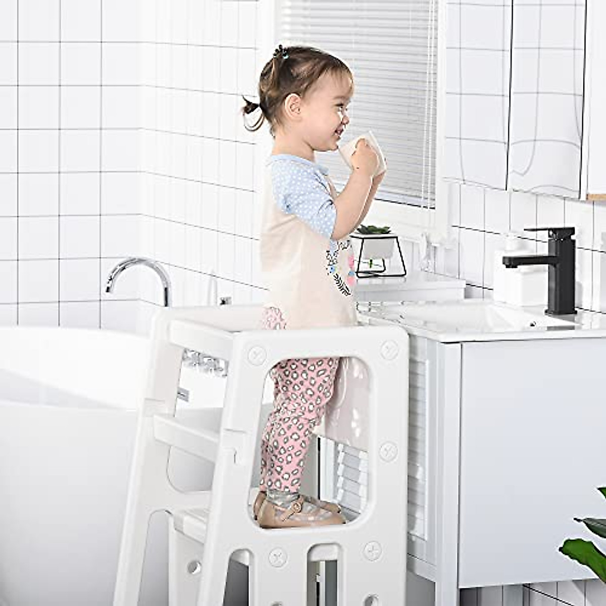 Qaba Toddler Tower with Adjustable Height, Toddler Kitchen Stool Helper with Anti-Slip Mat, Step Stool for Kitchen, Bathroom, White