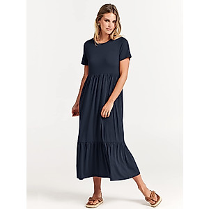 ANRABESS Women Summer Casual Short Sleeve Crewneck Aline Swing Flowy Tiered Shirt Maxi Beach Long Dress 2025 Trendy Outfits X-Large Navy Blue