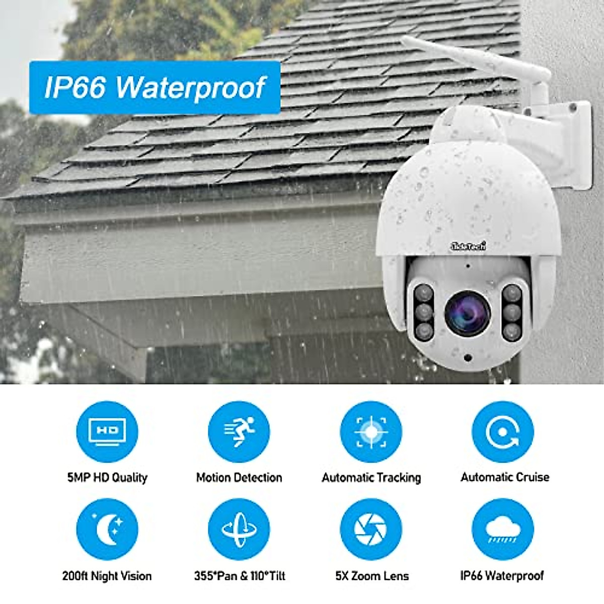 JideTech 5MP PTZ WiFi Camera Outdoor, 5X Optical Zoom IP Dome Camera, Auto Tracking Security Camera, 196ft IR Night Vision, Human/Motion Detection, Two Way Audio, IP66 Waterproof, SD Card Slot