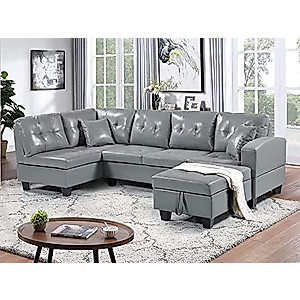 EMKK Variable Bed Sofa Living Room Folding Sectional Sofa with Reversible Chaise Lounge, Upholstered L-Shaped Couch with Two Cup Holders 2 Pillows for Office Apartment Large Space Furniture Sets