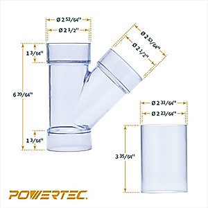 POWERTEC 2-1/2 Inch ID Y Fitting for 2-1/2 Inch OD Dust Collection Pipes, Adapters and Fittings with Splice for 2 1/2 Inch ID Dust Collection Hose Connector, 1 set (70320)
