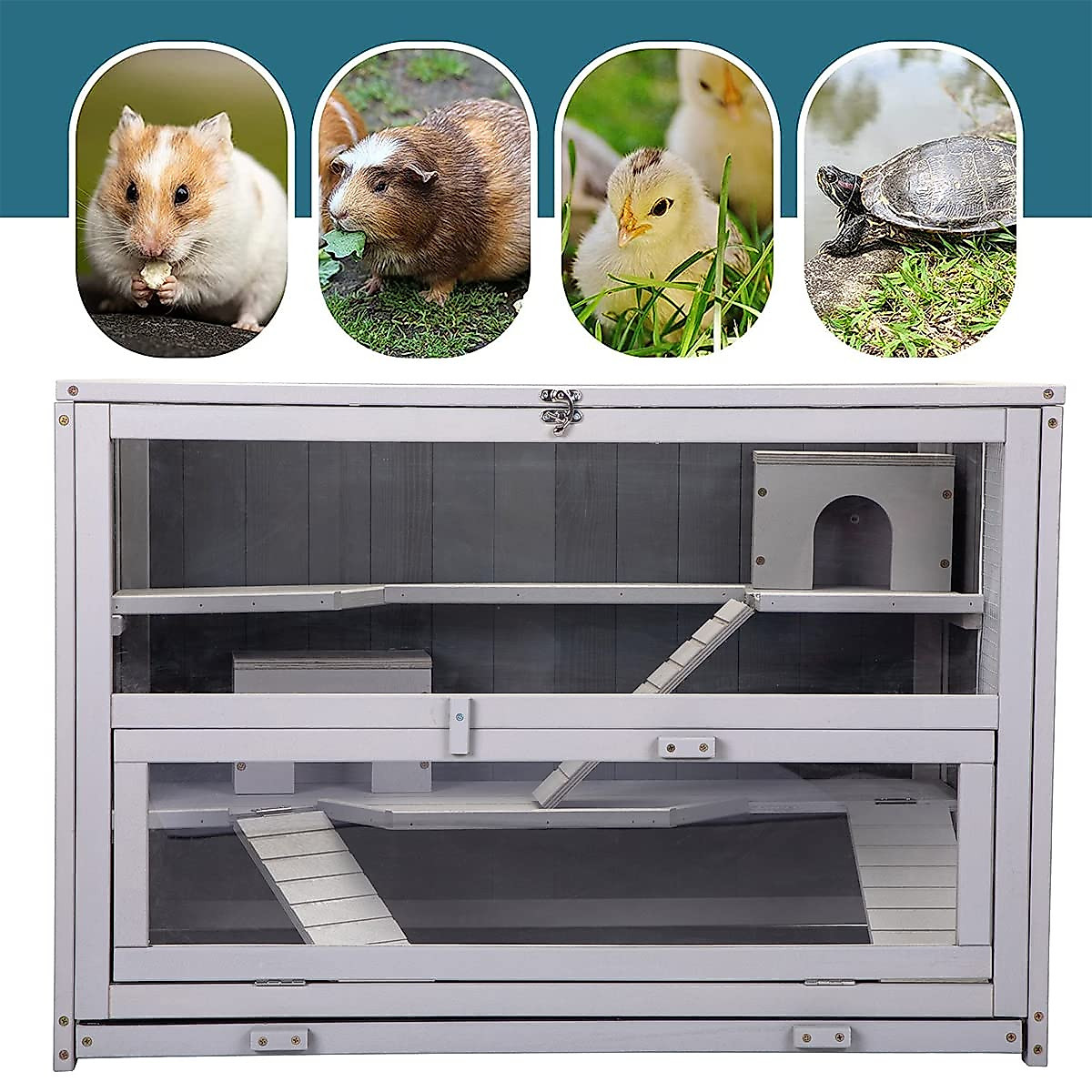 3 Story Guinea Pig Cages Wooden Indoor Hamster Cage w/ Chewing Toy, Hideout, Seesaws, Leak Proof Plastic Tray, Small Animal Cage for Ferret/Chinchilla/Bunny/Rabbit/Squirrel (35.5"L x 20.9"W x 24.4"H)