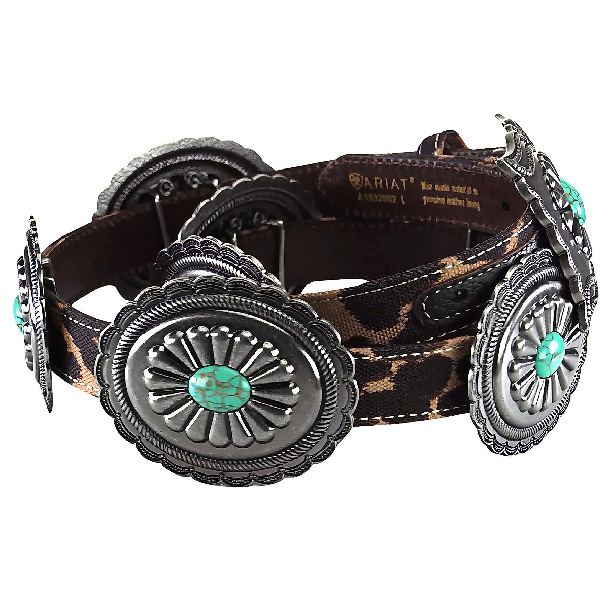 ARIAT Ladies Belt, Brown Leopard Strap, Antique Silver Oval Conchos with Turquoise, Rectangle Buckle, Large
