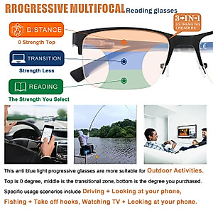Multifocus Reading Glasses Men Progressive Multifocal Blue Light Computer Reader Half Frame Metal Extra Wide Eyeglasses No Line Bifocals Large Designer Cheaters Transition Square Eyewear 2packs 1.50
