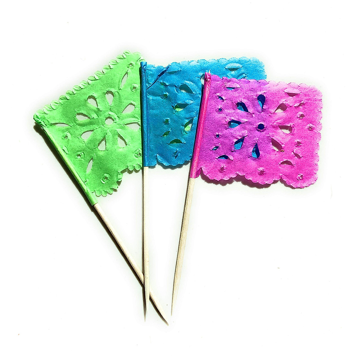 Set of 24 Pcs Multi-Colored Mini Mexican Paper Papel Picado Tissue Banner Flags Banderita s Fiesta Party Decorations Cupcake Topper Party Banderines Flower Design