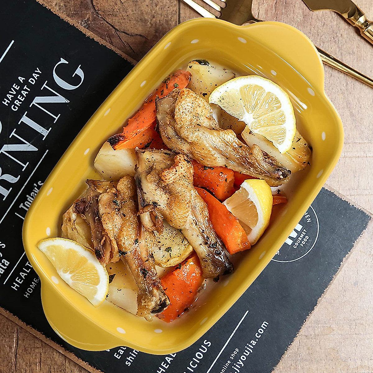 AVLA 4 Pack Porcelain Baking Dish, 7 Inch Ceramic Rectangular Small Baking Pan Baking Ramekin with Double Handles, 18 OZ Individual Baking Pans for Lasagna, Casserole Dish, Polka Dot