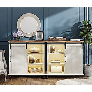 WAMPAT Multifunctional Storage Cabinet with Sliding Barn Door,LED Decorative Farmhouse Buffet Cabinet Coffee Bar Cabinet Accent Cabinet Entryway Storage Table for Living Room,Kitchen,70'',Cream White