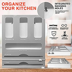 Acrylic Ziplock Bag Storage Organizer For Kitchen Organization Compatible with Gallon, Quart, Sandwich & Snack Variety Bags with Plastic Wrap, Aluminum Foil Dispenser & Cutters with Labels 6 IN 1