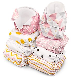 BaeBae Goods Newborn Cloth Diapers – 8 Reusable Cloth Diapers for Babies with 8 Cloth Diaper Inserts – Extra Leg Lining to Avoid Leakage - Waterproof Outside Soft Inside – Adjustable Size for Girls