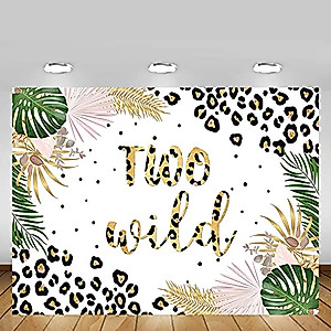 MEHOFOND Two Wild Backdrop for Girls Leopard Pink Jungle Safari Theme 2nd Birthday Party Decoration Background Tropical Leaves Leopard Print Cake Table Banner Supplies 7x5ft