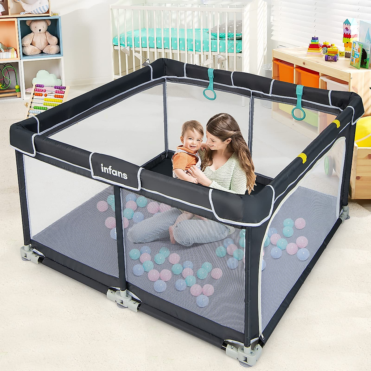 INFANS Baby Playpen, 50’’x50’’ Foldable Large Baby Playard for Toddlers with Gate, Soft Visible Mesh, Indoor Outdoor Kids Activity Center Baby Fence with 4 Handlers 50 Ocean Balls (Black)