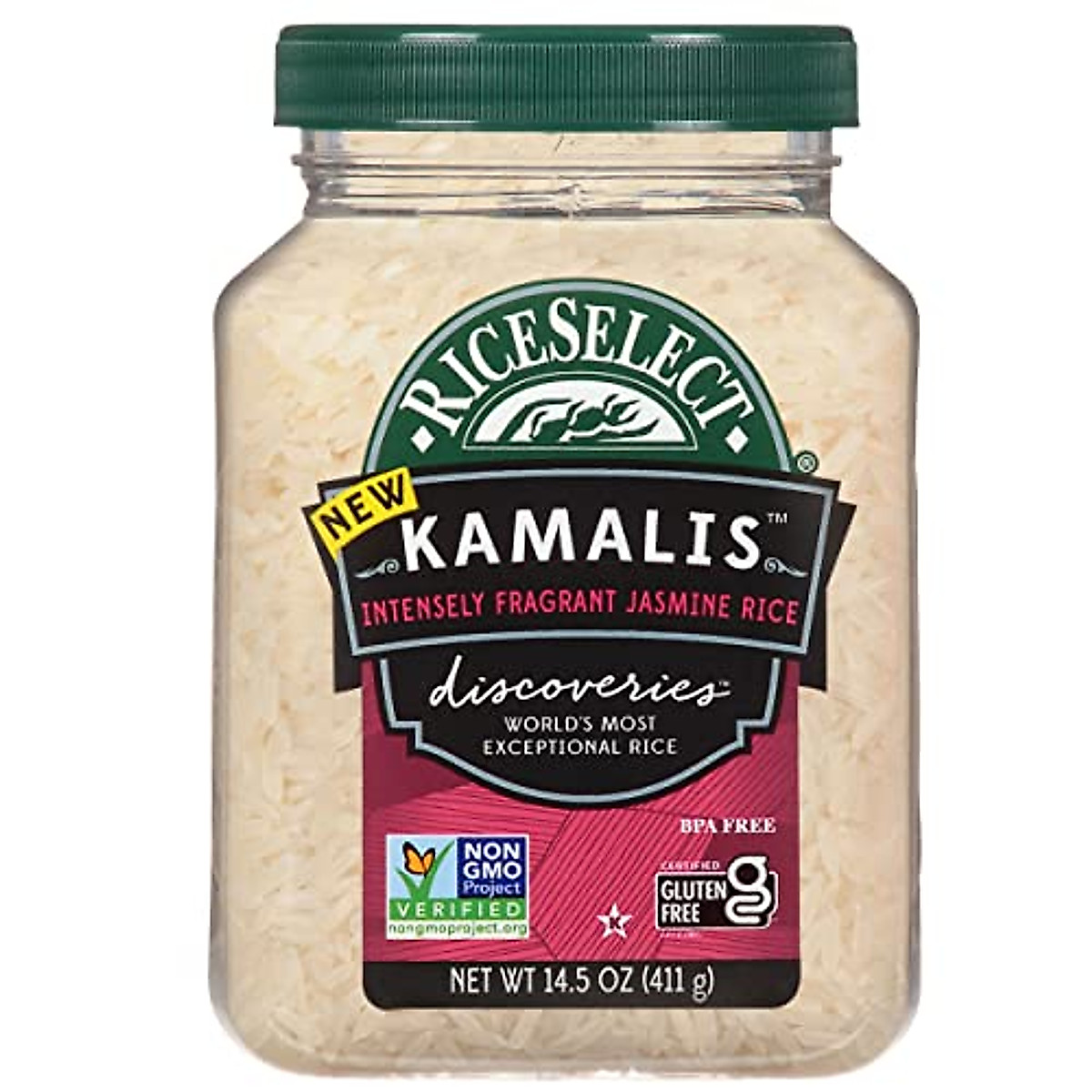 RiceSelect Discoveries Kamalis Intensely Fragrant Jasmine Rice, Gluten-Free, Non-GMO, Vegan, 14.5 Ounce Jar