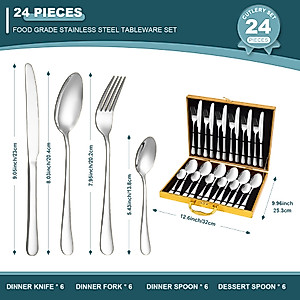Silverware Set,24 Piece Premium Silver Utensil Sets With Wooden Gift Box,Stainless Steel Cutlery Set With Portable Silverware Box,Luxurious Silver Flatware Set