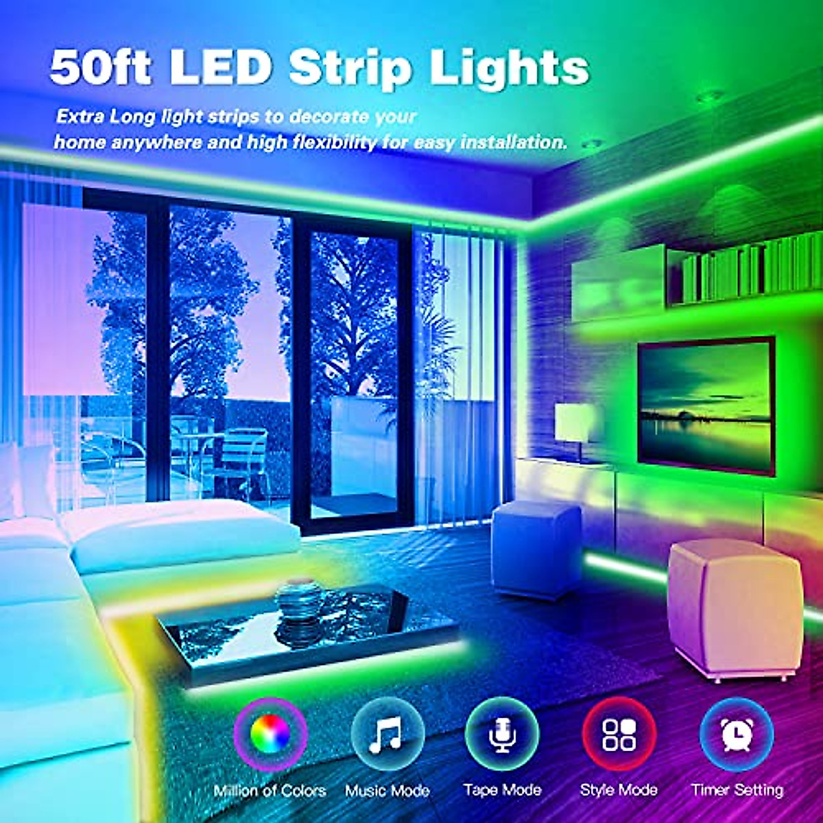 FONEWE 50ft LED Lights for Bedroom Music Sync LED Light Strips Color Changing Lights for Bedroom LED Strip Lights with APP and Remote Control