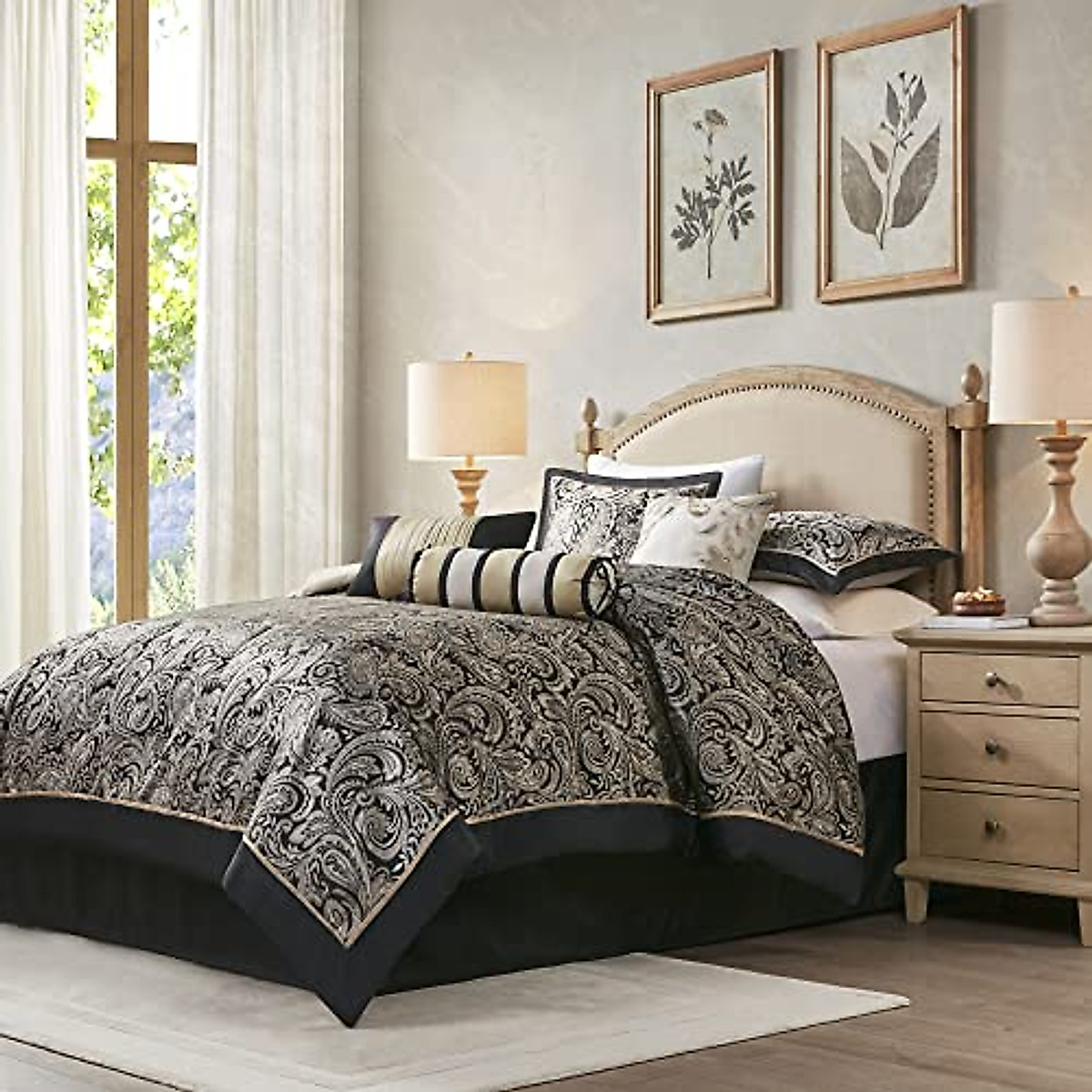 Madison Park Comforter Set, Faux Silk Jacquard Paisley Design - All Season Down Alternative Bedding with Bedskirt, Decorative Pillow, Queen(90 in x 90 in), Black 7 Piece