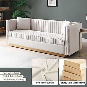 ivoros 78" Velvet Couch, Modern Channel Tufted Sofa Couch with 2 Pillows, 3 Seater Upholstered Couches with Gold Metal Legs and Nailhead for Living Room, Apartment and Office (Beige)