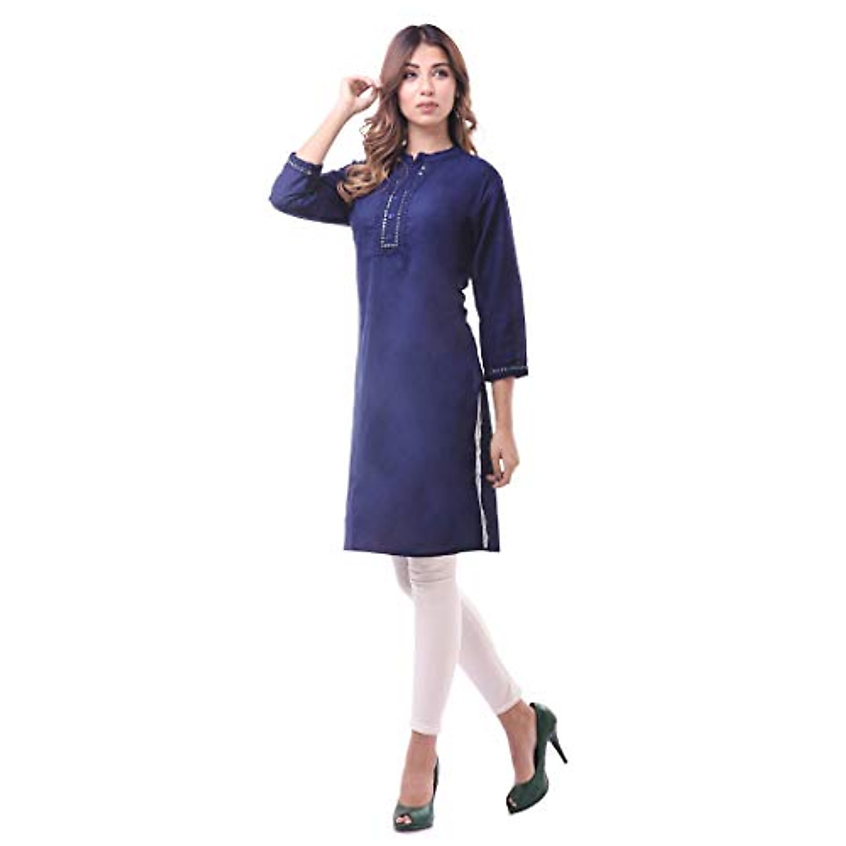 Chichi Indian Women's Plain Cotton Kurti Top, Blue, Small
