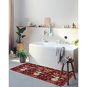 Christmas Elk Bath Mat for Tub,Non Slip Bathroom Floor Runner Rug Quick Dry & Absorbent Diatomaceous Earth Shower Sink Bedroom Kitchen Washable Doormat,Winter Snowflake Buffalo Plaid Red 18"x60"