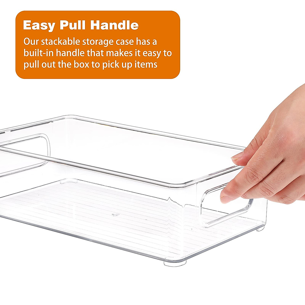 Moretoes 6 Pack Plastic Kitchen Pantry Cabinet, Clear Organizing Bins with Handles, Stackable Clear Storage Bins for Fruit, Yogurt, Shelf, Drawer- Food Safe,10 Inch Long