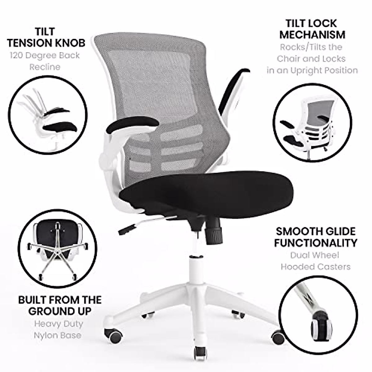Flash Furniture Kelista Office Chair, Ergonomic, Mid-Back, White Frame, Black Mesh with Swivel