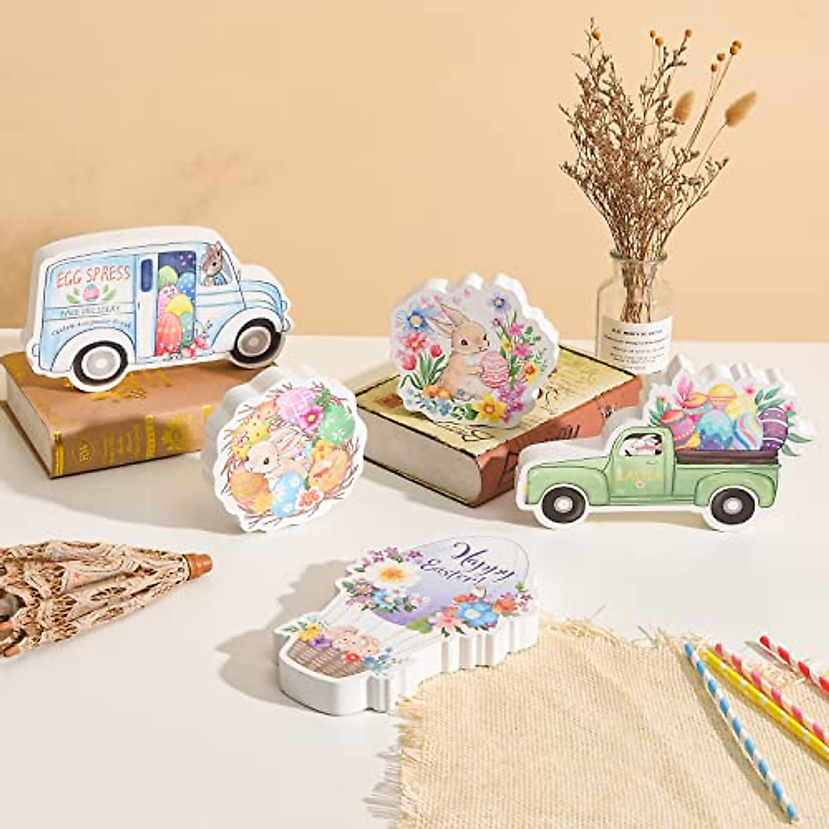 Easter decorations 5 pcs bunny table wooden signs Easter tabletop decor Decorative Centerpieces Decoration for Easter Day Home Kitchen Signs