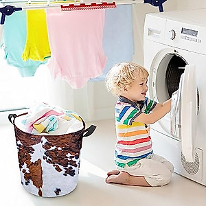 FISNAE Cowhide Animal Skin Print Storage Baskets, Brown White Spots Laundry Hamper-Collapsible Storage Bin with Handles,Toy Organizer Bin for Kid's Room,Office,Nursery Hamper, Home Decor